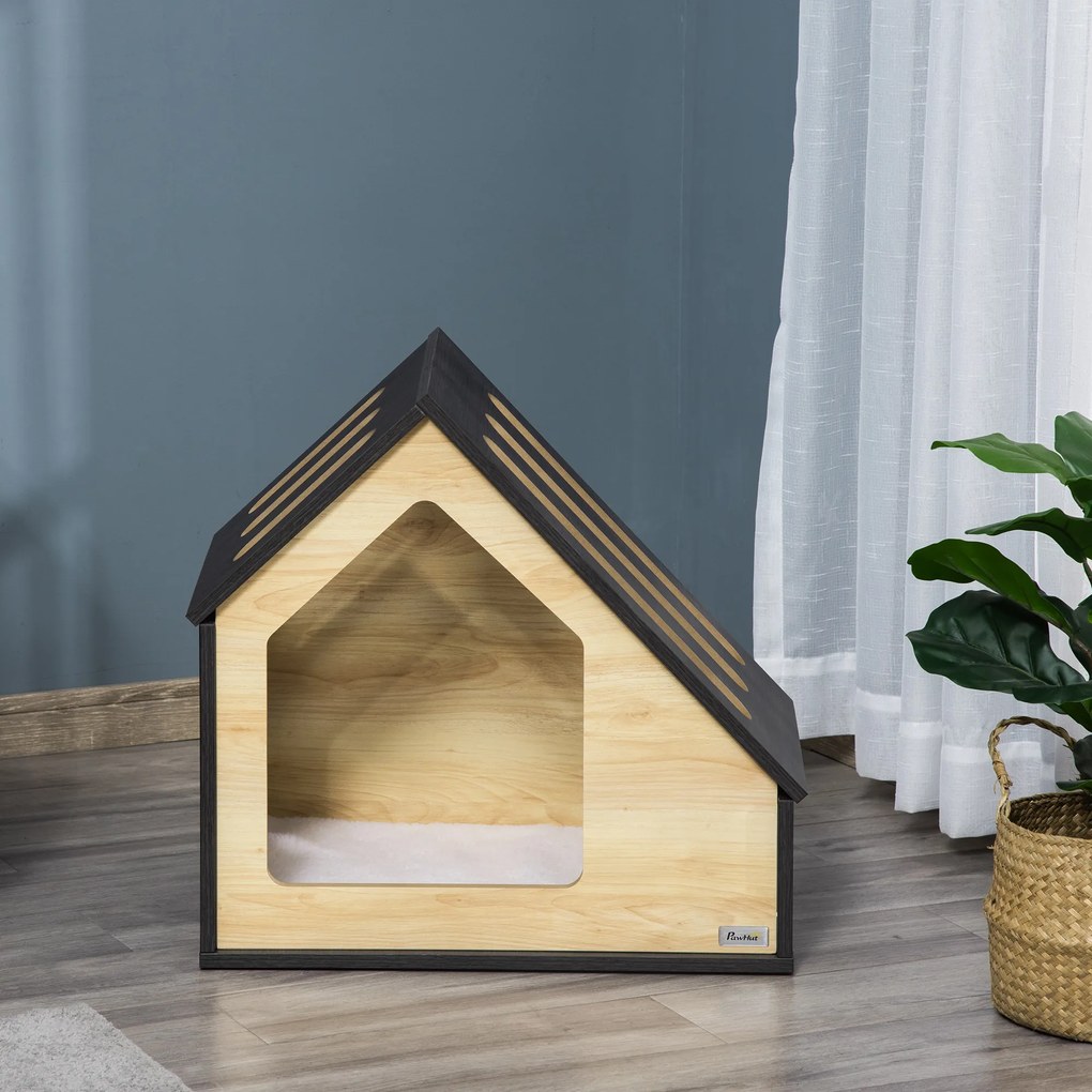 PawHut dřevěná bouda pro psy Útulná vnitřní jeskyně pro kočky a psy s polštářem, pro malé psy do 8 kg, 60x40x59,2 cm| Aosom