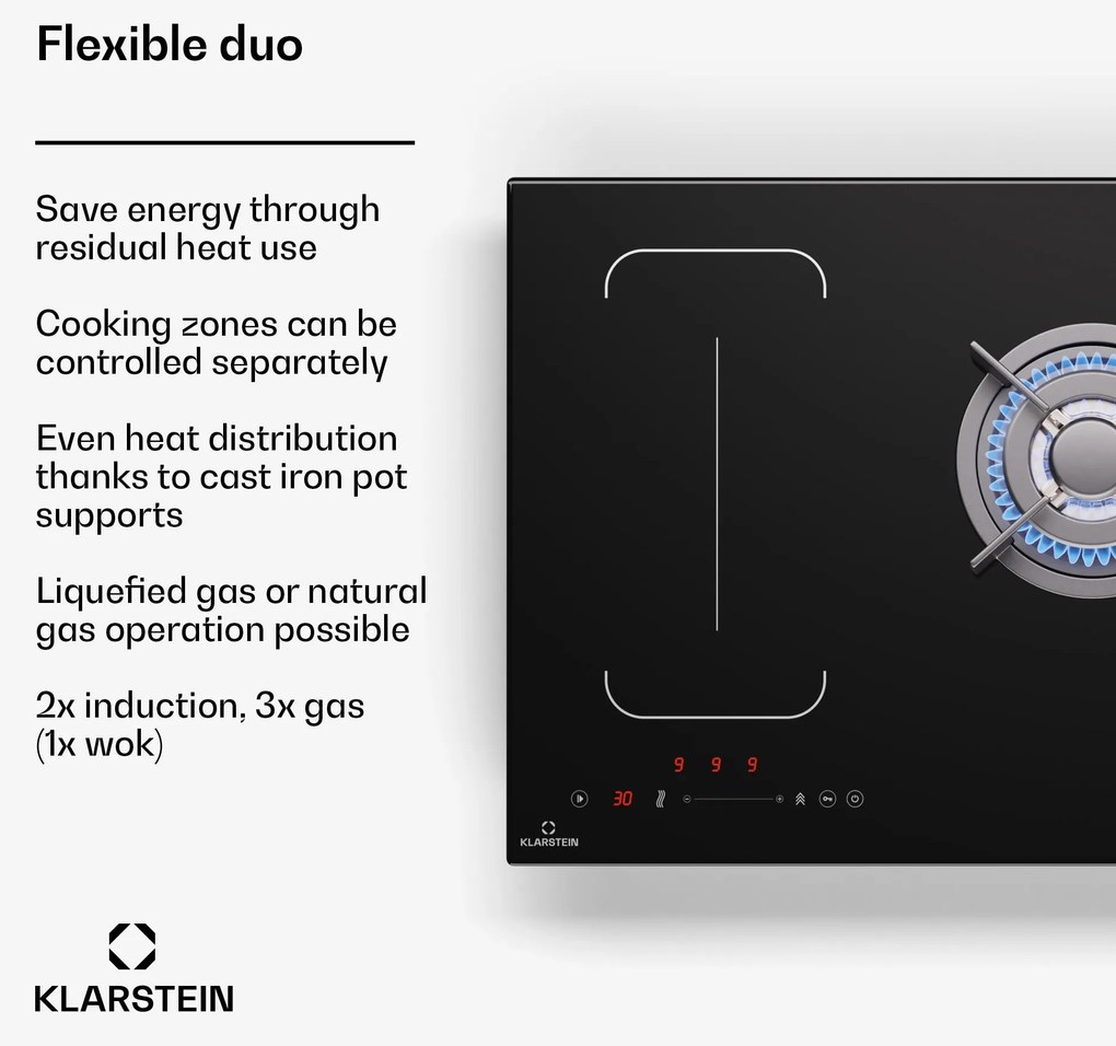 Klarstein MultiChef 5 Wok, indukční a plynová varná deska, 5 varných zón, 3 plynové hořáky, 2 indukční varné desky, FlexZone