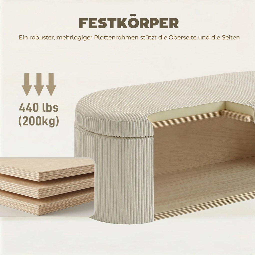HOMCOM čalouněná lavice s úložným prostorem, manšestr – 105 × 51 × 49 cm, nosnost 200 kg, béžová