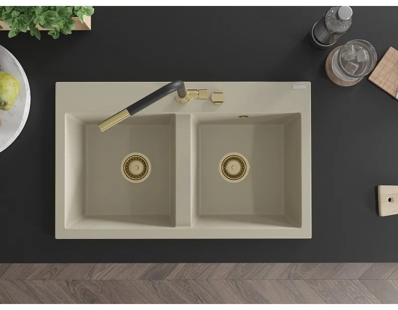 Mexen Hektor, 2-komorový granitový dřez 800x480x205 mm, béžová, zlatý sifon, 6521802000-69-G