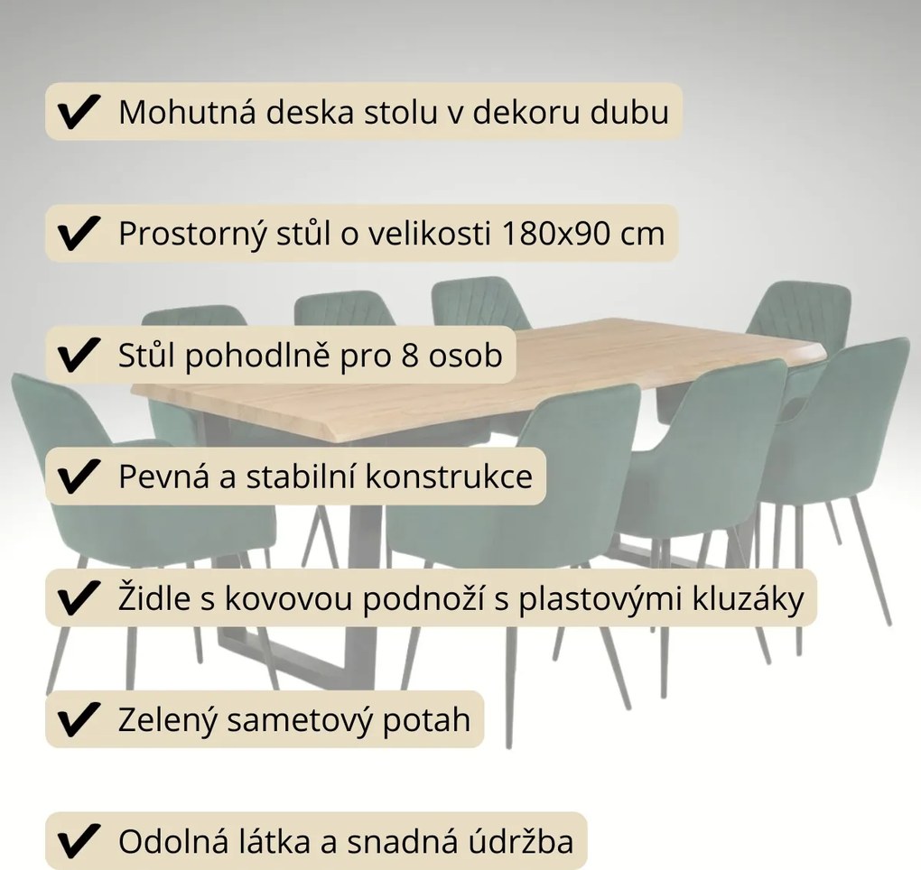 Vikio Jídelní set pro 8 osob 180x90 cm dub noha U zelená židle s područkami VJS168-8Z