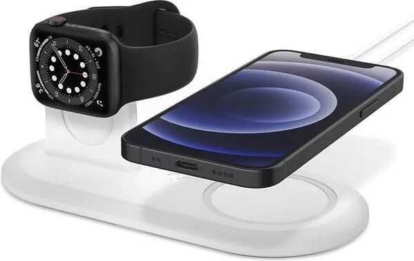Spigen 2v1 MagFit Duo stojánek pro Apple Watch a iPhone bílý