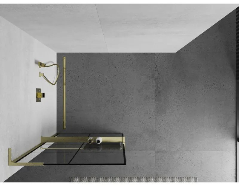 Mexen Kioto+ L, sprchová zástěna Walk-In s poličkou a věšákem 80 x 200 cm, 8mm čiré sklo černý vzor, ​​zlatý matný profil, 800-080-123-55-77