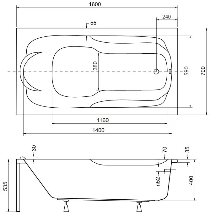 NIKIDO - B Akrylátová vana BONA 140x70, 150x70, 160x70, 170x70, 180x80, 190x80 Velikost: 160x70