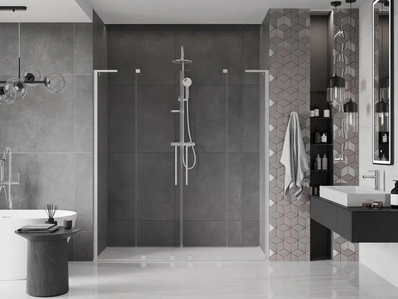 Mexen Velar L Duo, posuvné sprchové dveře do otvoru 180 cm, 8mm čiré sklo, broušená ocel, 871-180-003-02-97