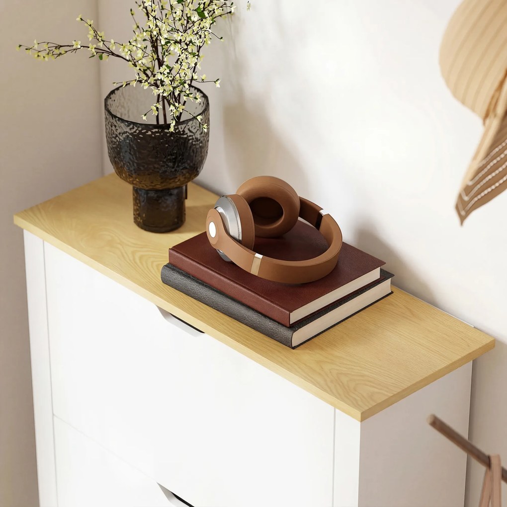 HOMCOM skříňka na boty výklopný botník 3 klapky na 18 párů bot prostorově úsporná v bílé a přírodní barvě 72 x 26 x 112 cm do předsíně a vstupních pr…