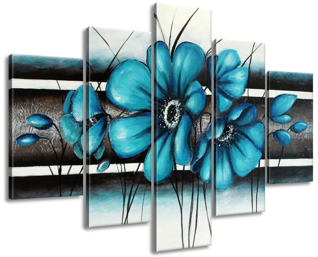 Gario Ručně malovaný obraz Malované tyrkysové květiny - 5 dílný Rozměry: 100 x 70 cm