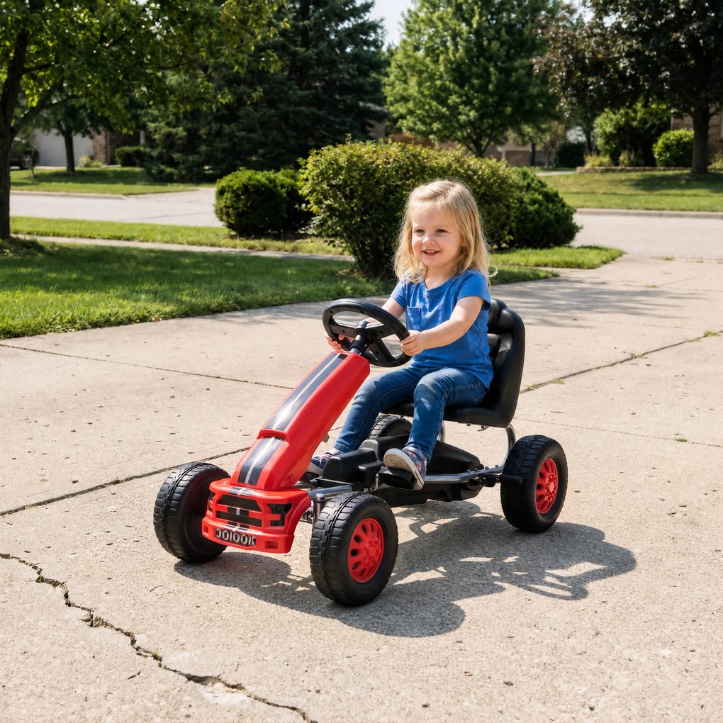AIYAPLAY Go-Kart pro děti od 3 let s nastavitelným sedadlem, volantem, ruční brzdou, hliníkovým a ocelovým rámem, nosnost 30 kg, červený