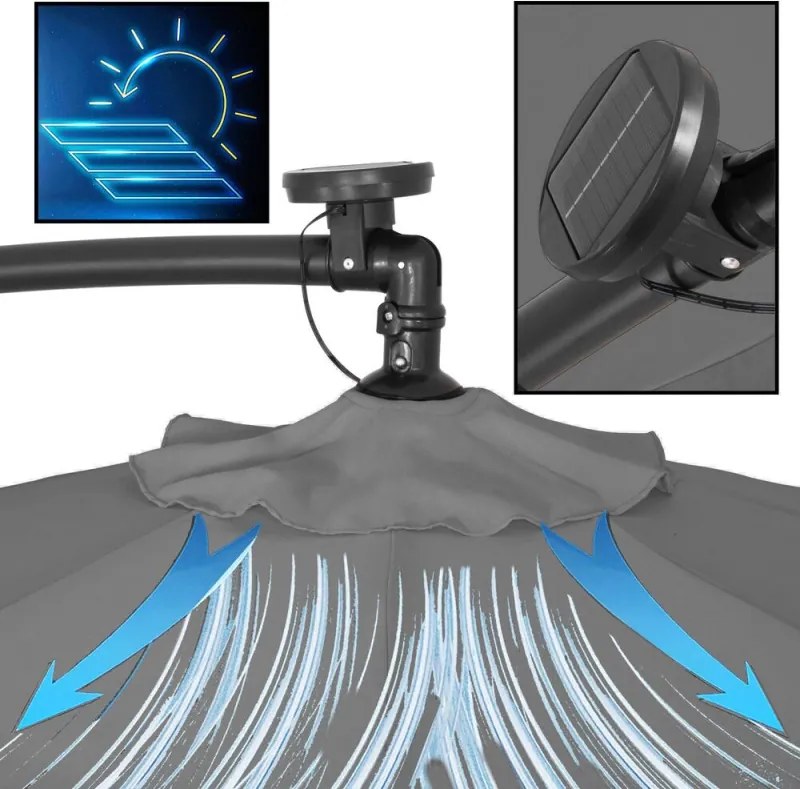 Zahradní slunečník s led osvětlením 290 cm, šedý SPRINGOS ATENA GU0046