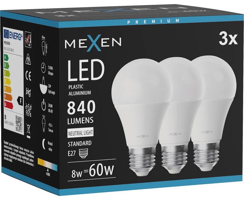 Mexen Nova 3x LED žárovka E27, A60, 8W, Neutrální - 4000K, 840 lm - L100-E27-0840-01x03