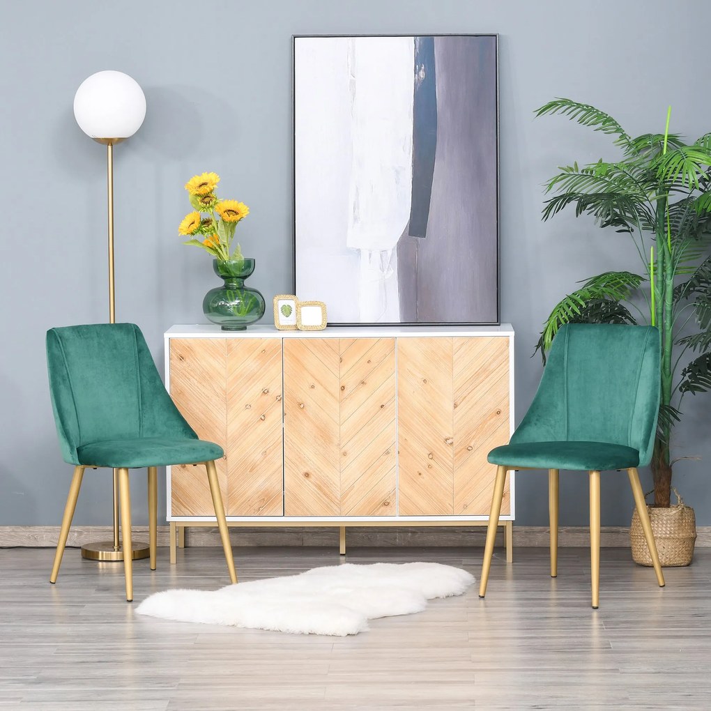 HOMCOM Sada 2 moderních čalouněných jídelních židlí s opěradlem, železné nohy pro kuchyň, obývací pokoj nebo lounge v moderním stylu, Zelená, 50x56,5x