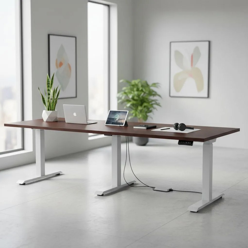 Výškově nastavitelný stůl OfficeTech Long, 240 x 80 cm, šedá podnož, wenge