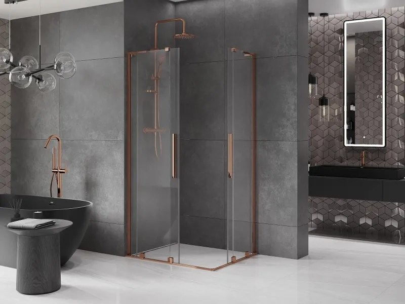 Mexen Velar L Duo, sprchový kout s posuvnými dveřmi 90 x 80 cm, 8mm čiré sklo, růžové zlato, 871-090-080-02-03-60