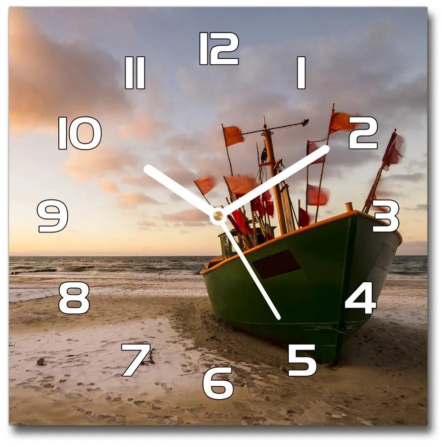 Wallmuralia Skleněné hodiny čtverec Rybářská loď pláž 30x30 cm