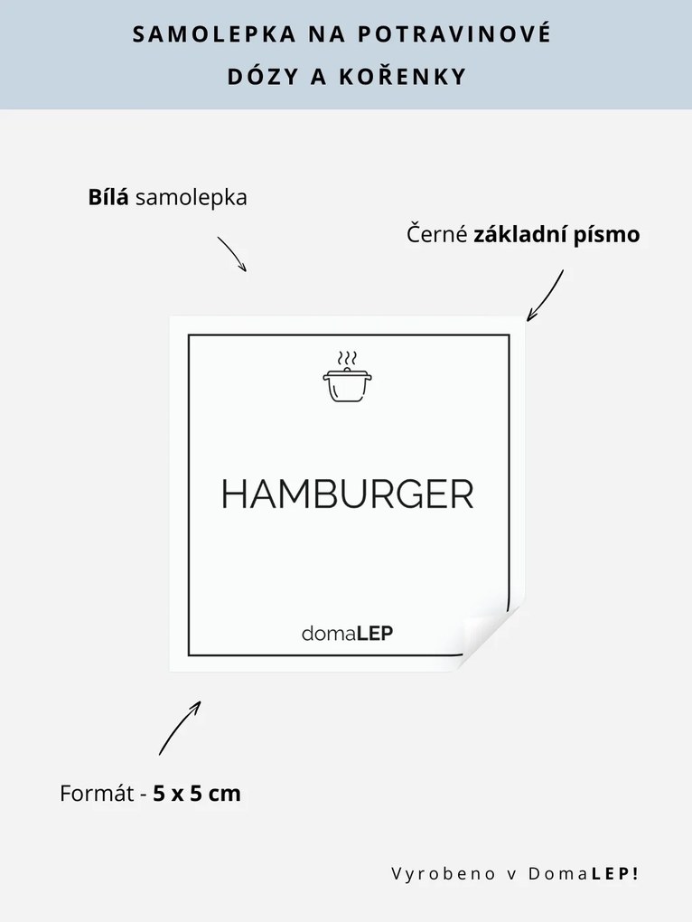 Samolepka na kořenky HAMBURGER bílá 5 × 5 cm základní písmo