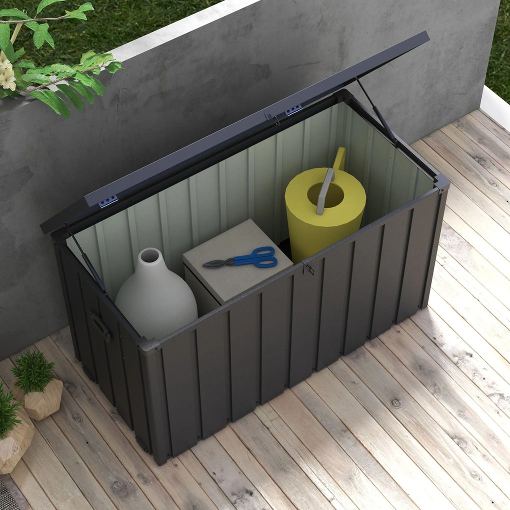 Zahradní úložný truhlicový box Outsunny, kapacita 450L, kov s plynovým pístem, kolečky a rukojetí - rozměry 125,5L x 61,5W x 70H cm