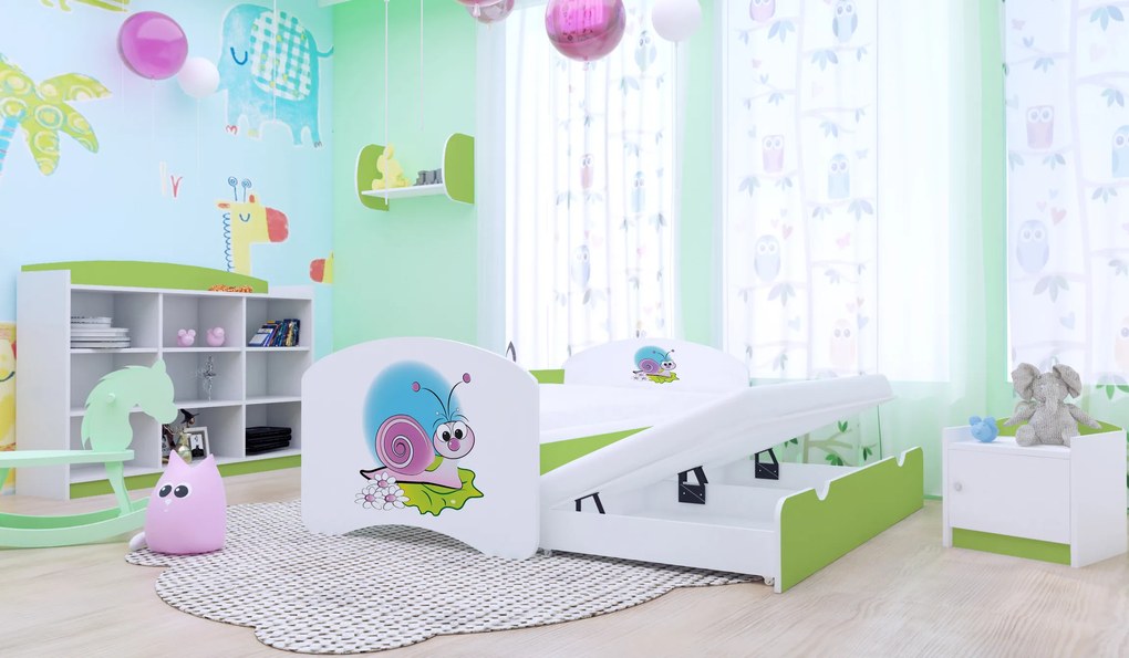 Svět pokojů Dětská postel Kevin pro dvě děti - slimák + matrace zdarma Barva: Zelená, Rozměr: 200x90 cm (+750 Kč), Zábrana: NE