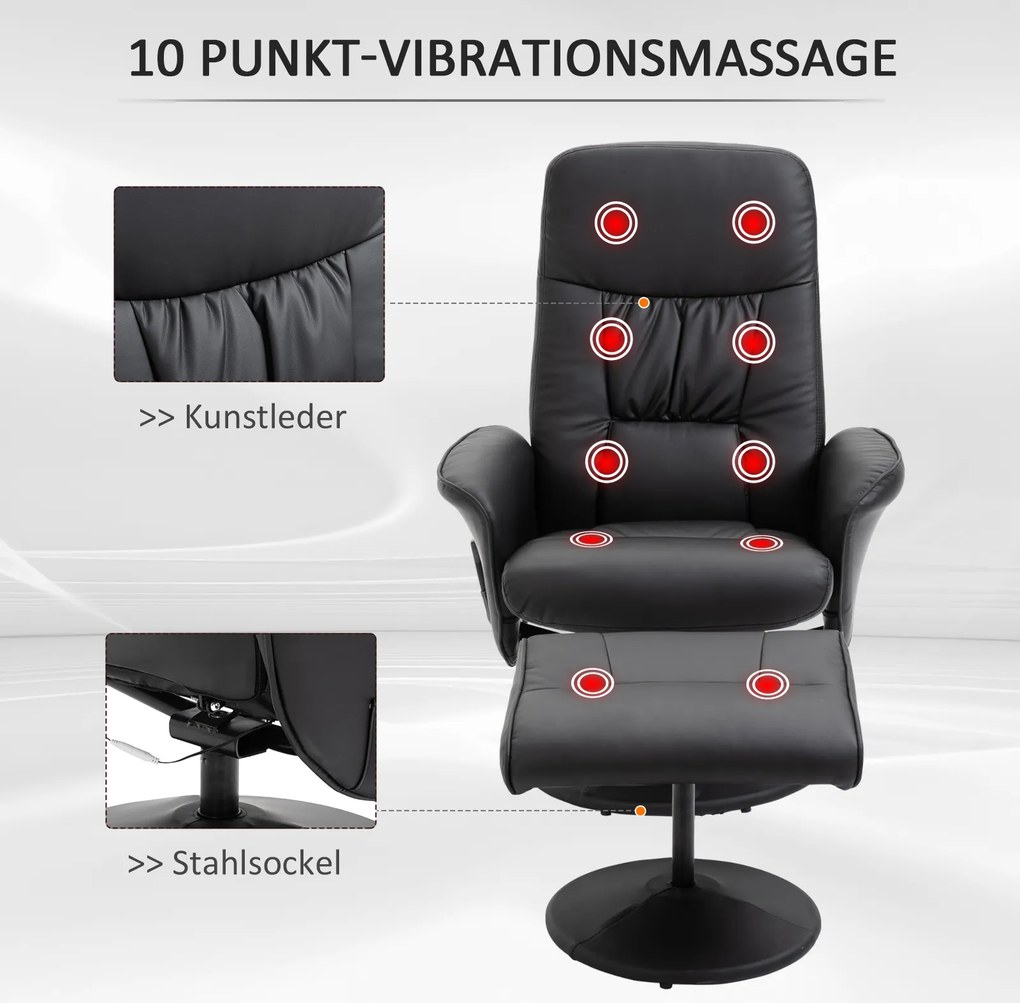 HOMCOM polohovací křeslo TV křeslo masážní křeslo s taburetem úložný prostor s 10 vibračními body umělá kůže černá 76 x 81 x 105 cm | Aosom