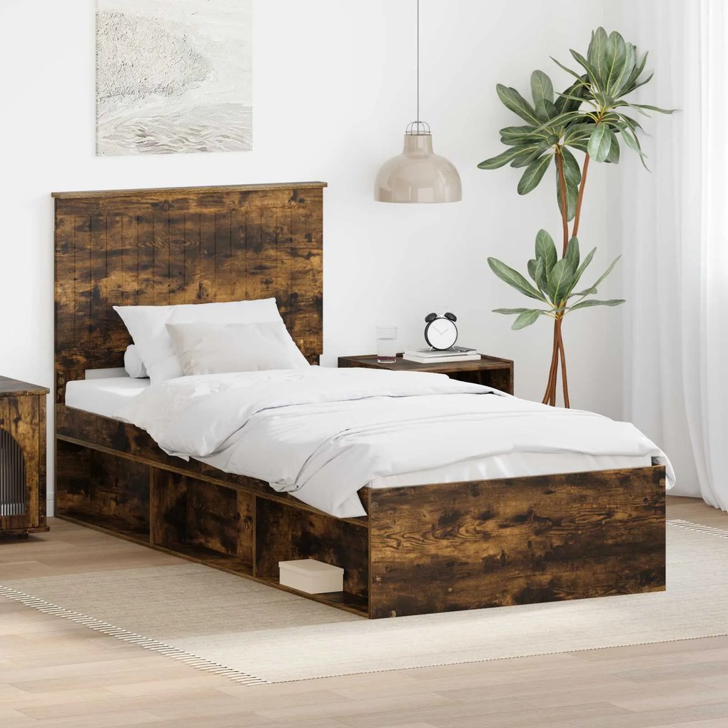 Rám postele s čelo Kouřový dub 90 x 190 cm Masivní borové dřevo 3411068