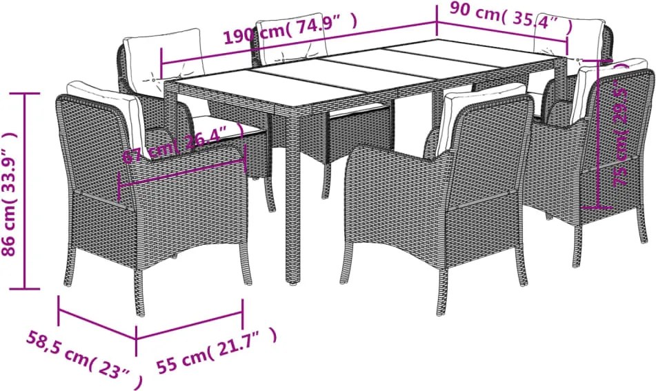 7dílný zahradní jídelní set s poduškami černý polyratan 3211846