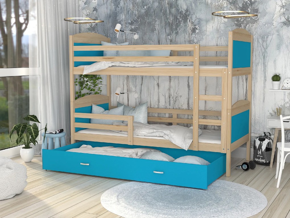 BabyBeds Dětská patrová postel s úložným prostorem MATYÁŠ borovice Velikost postele: 200x90 cm, Barva šuplíku: Růžová