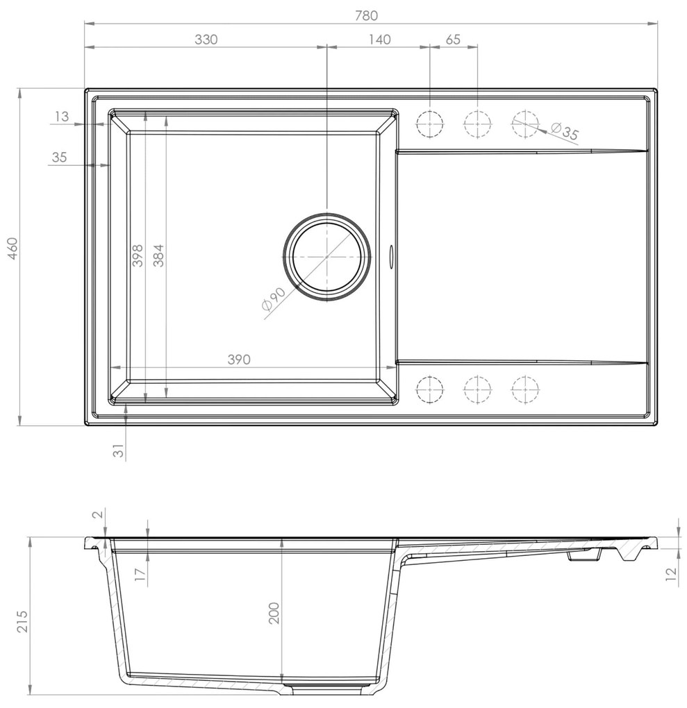 Sink Quality Sink55, kuchyňský granitový dřez 780x460x215 mm + zlatý sifon, šedá, SKQ-SINK.D.1KDOL.XG