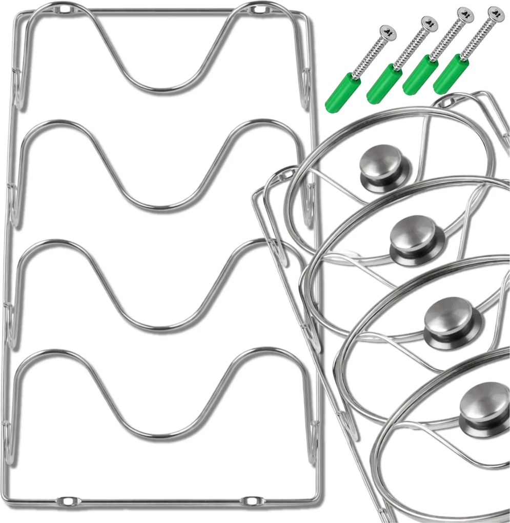 Camerazar Kuchyňský držák na 4 poklice, kovový, nástěnný, k zavěšení na dveře nebo zeď