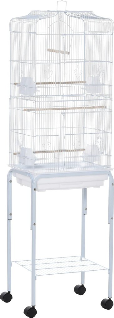 PawHut Ptačí Klec na Kolečkách 46,5x36x157 cm, Kovová Ptačí Klec se 4 Krmítky, 3 Hnízdy, Vyjímatelným Velkým Odtokem a Úložnou Policí pro Kanárky a A…