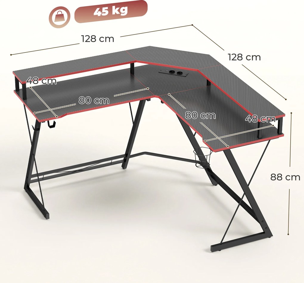 HOMCOM L-tvarovaný počítačový stůl se zásuvkami, 128 cm rohový stůl s držákem monitoru, háčkem na sluchátka a držákem nápojů