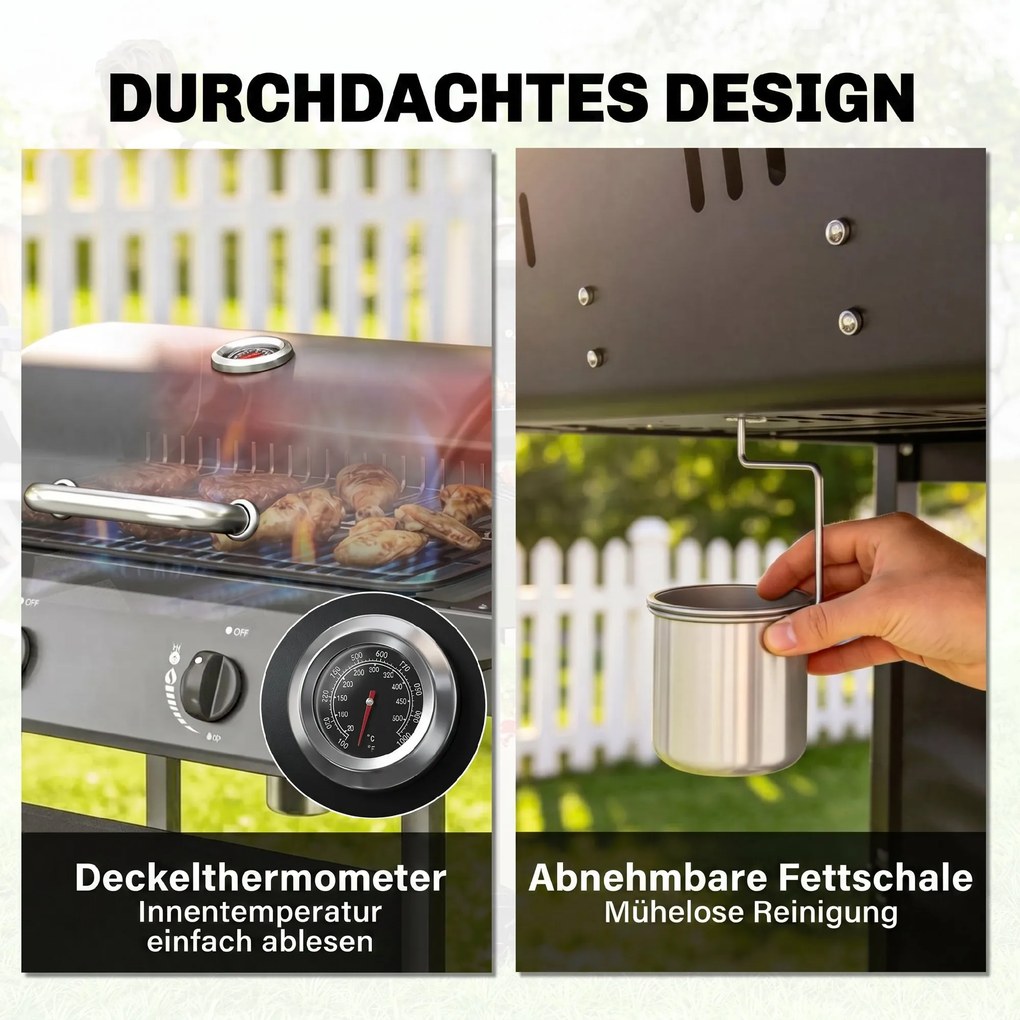 Outsunny Plynový gril 5 KW 2 hořáky BBQ grilovací vozík z nerezové oceli včetně bočního stolku spodní koš přední kryt teploměr smaltovaný grilovací r…