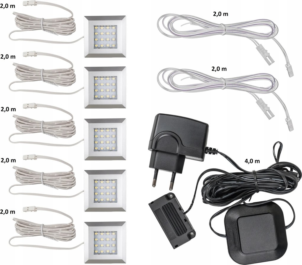 Led osvětlení Square 5 bodů, studená bílá barva s napájecím zdrojem pro výklenky a skříně