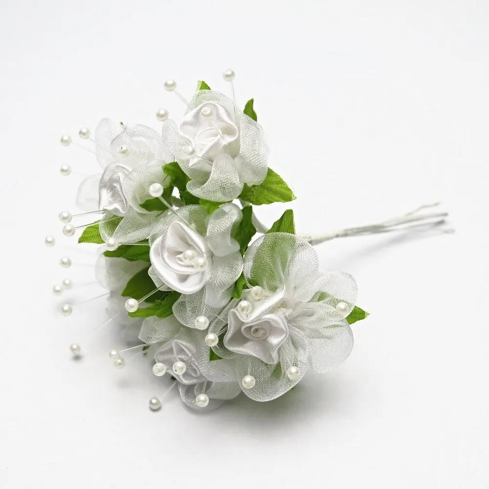 Svatební růžičky bílé s perličkami 1 svazek po 6 ks