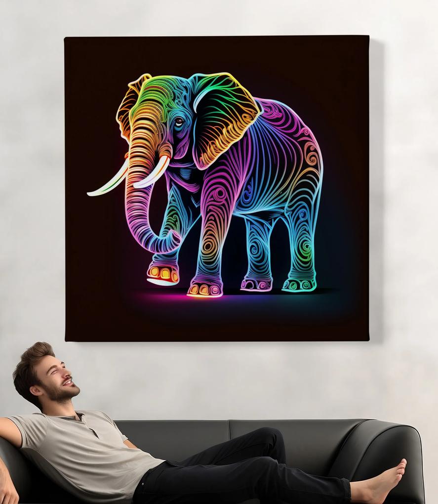Obraz na plátně - Barevný neonový slon, tělo FeelHappy.cz Velikost obrazu: 60 x 60 cm