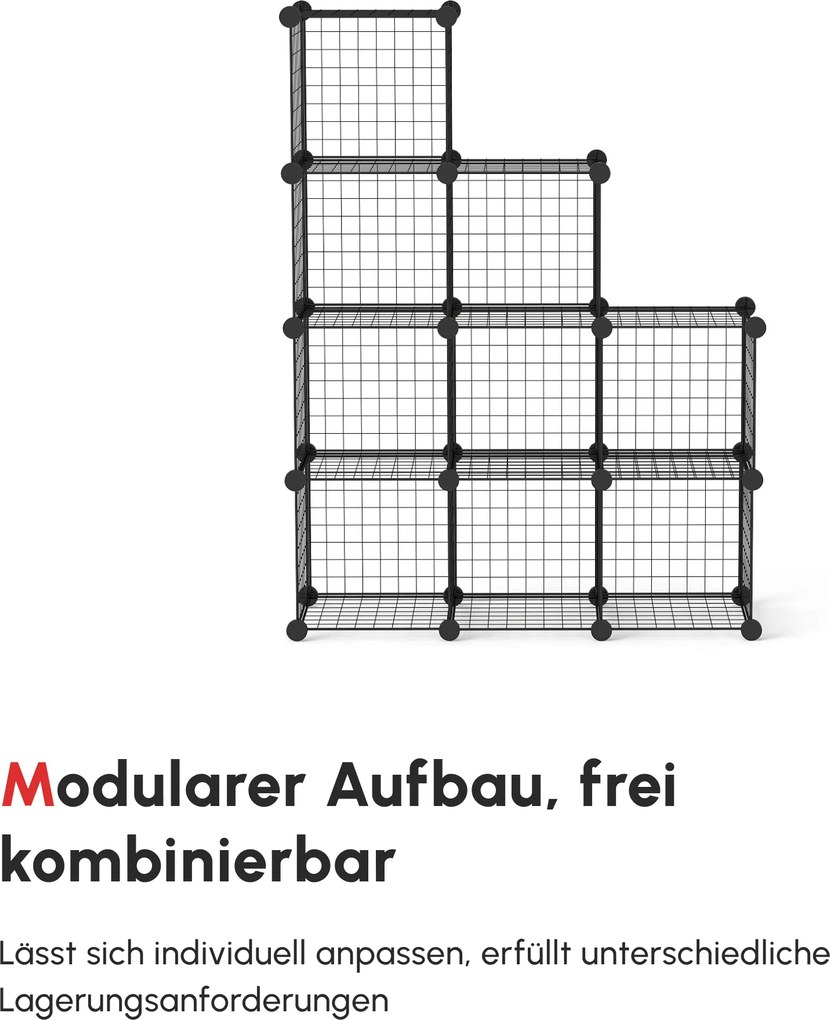 HOMCOM Regálový systém DIY z ocelového drátu, 9 přihrádek na boty, černý, do obývacího pokoje, 35x35x35cm, prostorově úsporný a moderní