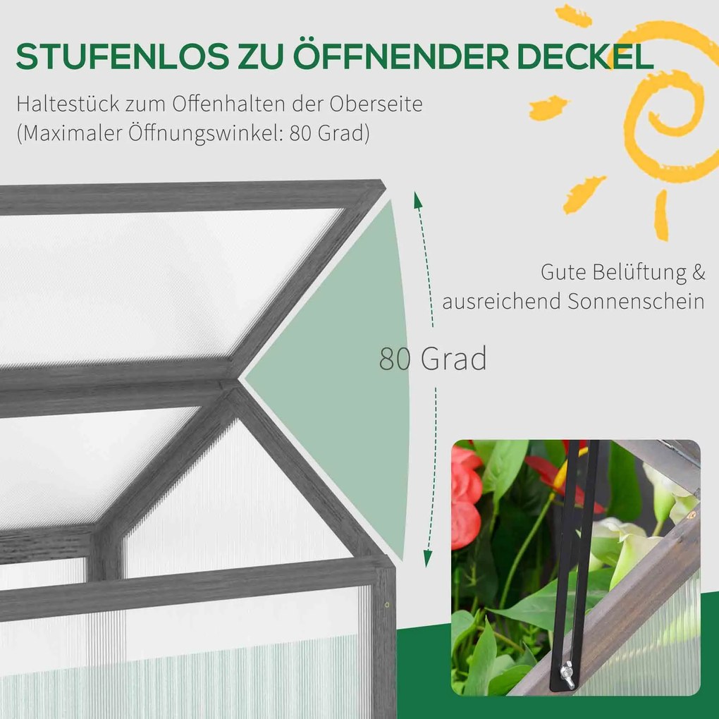 Outsunny Mini skleník, kompaktní rostlinný dům ze dřeva, polykarbonátové desky, větrací otvor, 90L x 52B x 49,5V cm, šedý