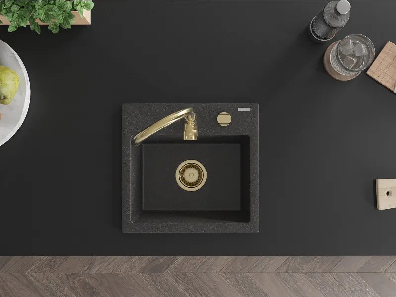 Mexen Milo, granitový dřez 435x410x171 mm, 1-komorový, černá skvrnitá se zlatým sifonem, 6505441000-76-G