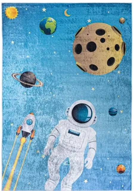 Dětský kusový koberec vhodný k praní BAMBINO 2697 Kosmonaut Vesmír Raketa protiskluzový modrý Rozměr: 160x230 cm