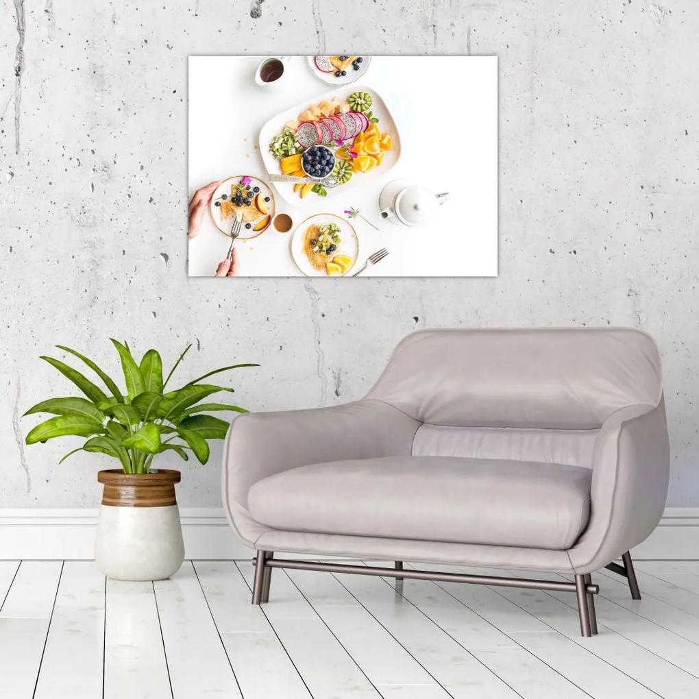 Skleněný obraz talířů s ovocem na stole (70x50 cm)