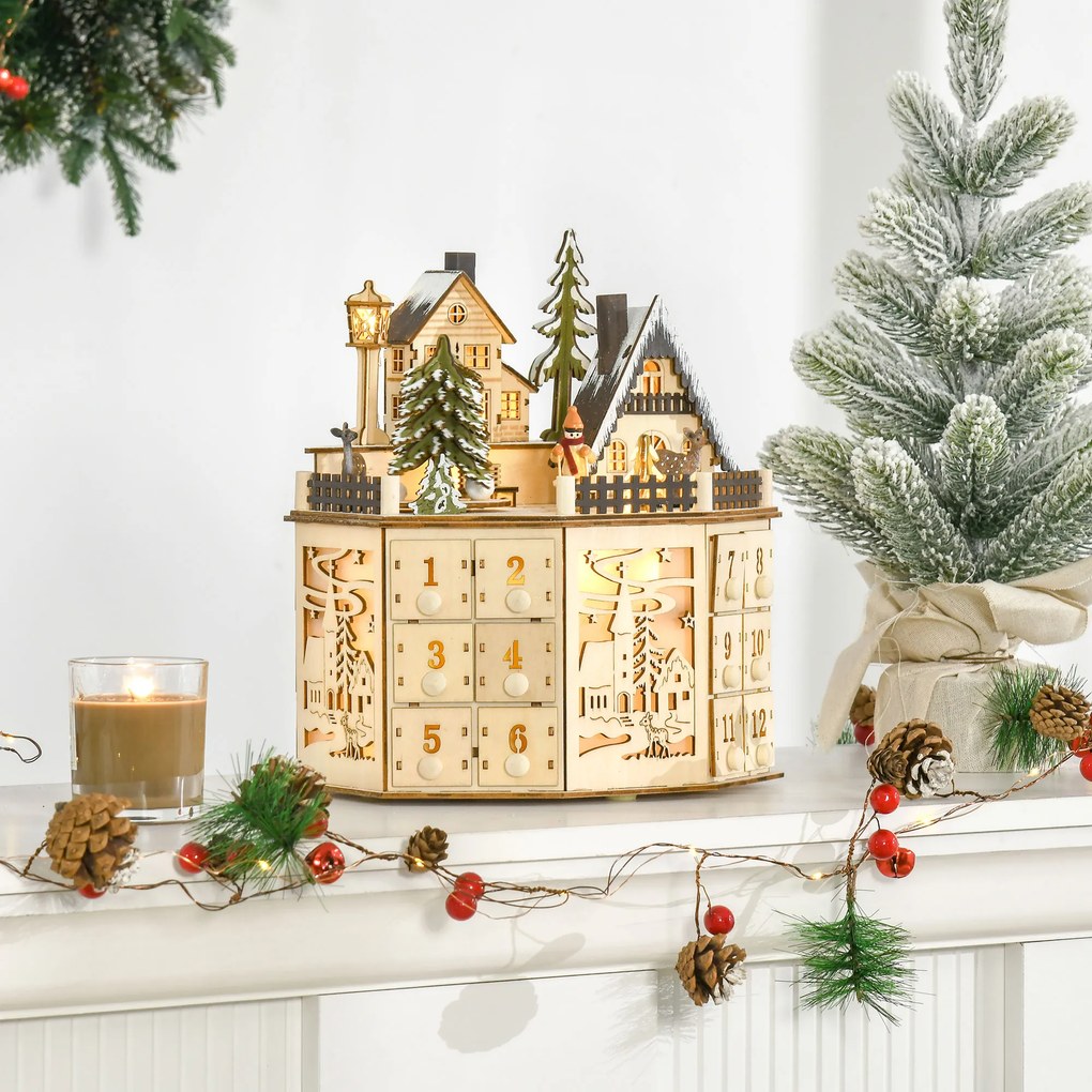 HOMCOM Adventní kalendář, box na adventní kalendář, vánoční dekorace, LED světla, 24 zásuvek, přírodní