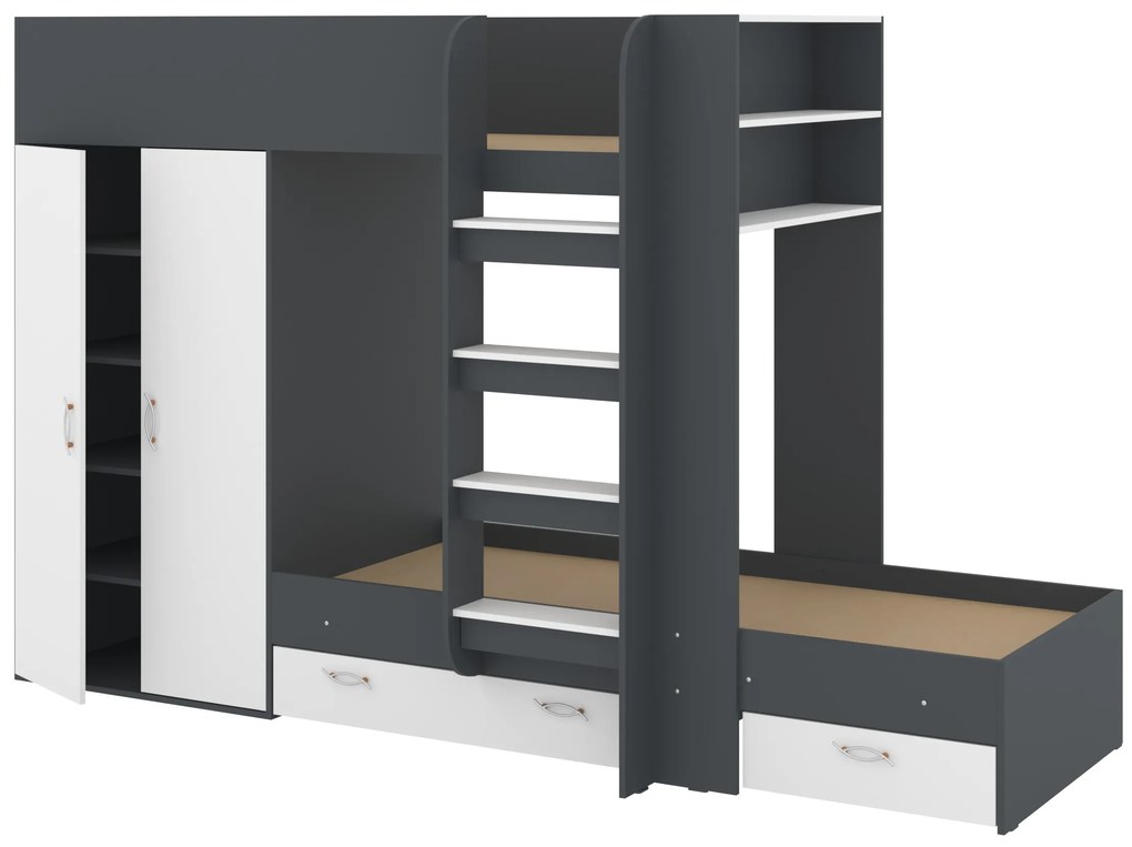 Vomaks unit, s.r.o. Patrová postel NEMO, 80 x 190 cm, se šatní skříní a zásuvkami Barva: dub sonoma + dub truffle