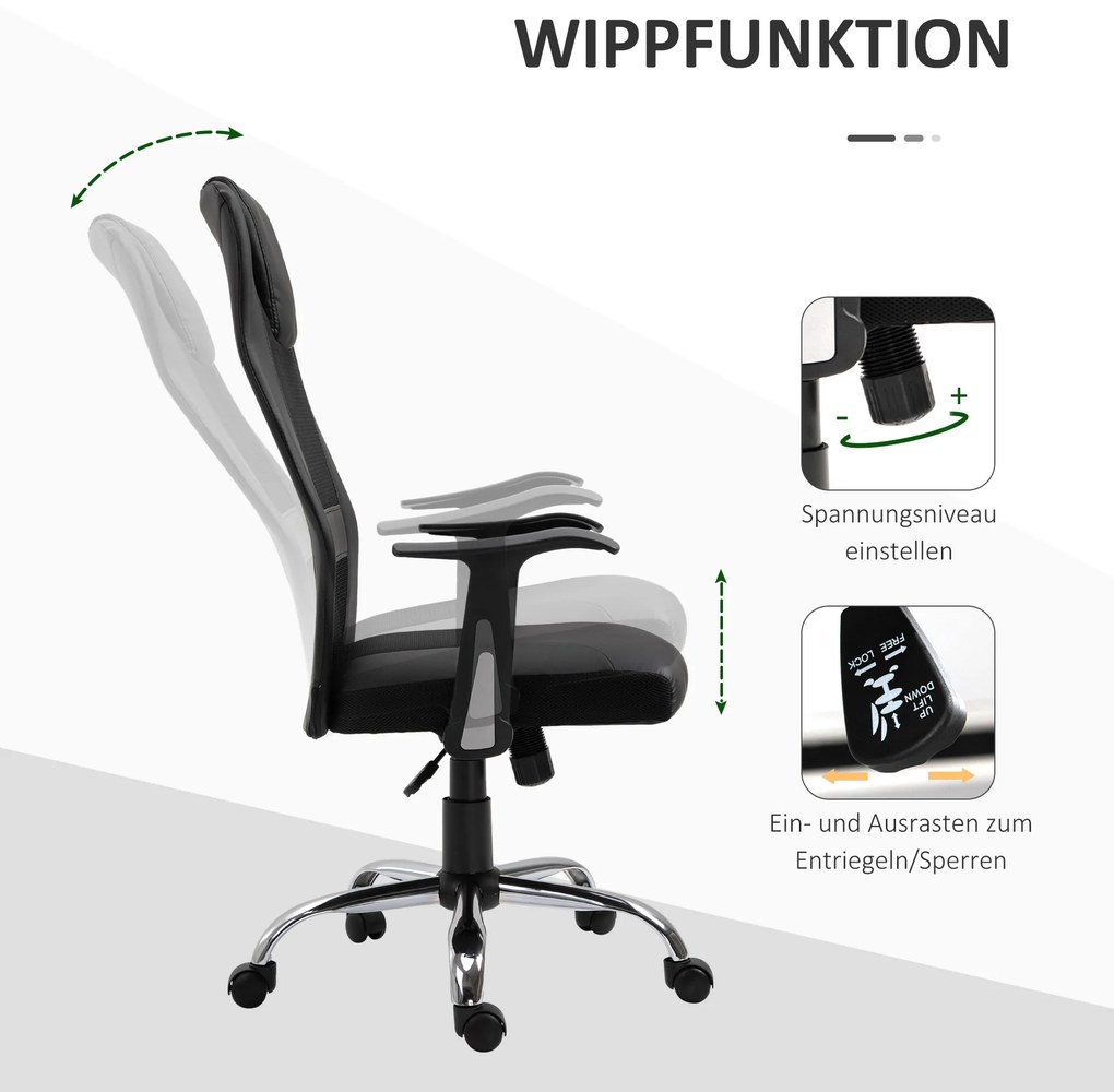 Ergonomická kancelářská židle Vinsetto s nastavitelnou výškou, funkcí houpání a područkami do 120 kg v černé barvě pro pohodlnou práci