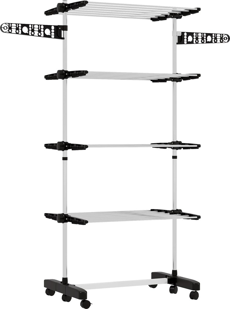 HOMCOM Sušák na prádlo Tower s 4 úrovněmi, skládací křídla, kolečka, stojan na sušení prádla pro vnitřní a venkovní použití, 142 x 55 x 172 cm, černý