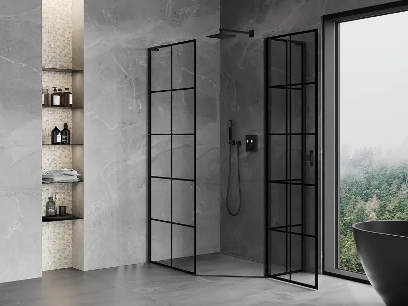 Mexen Mist L, pětiúhelníkový sprchový kout s křídlovými dveřmi, 80 x 90 cm, 8mm čiré sklo, černý profil, 8A8L-080-090-70-77-P