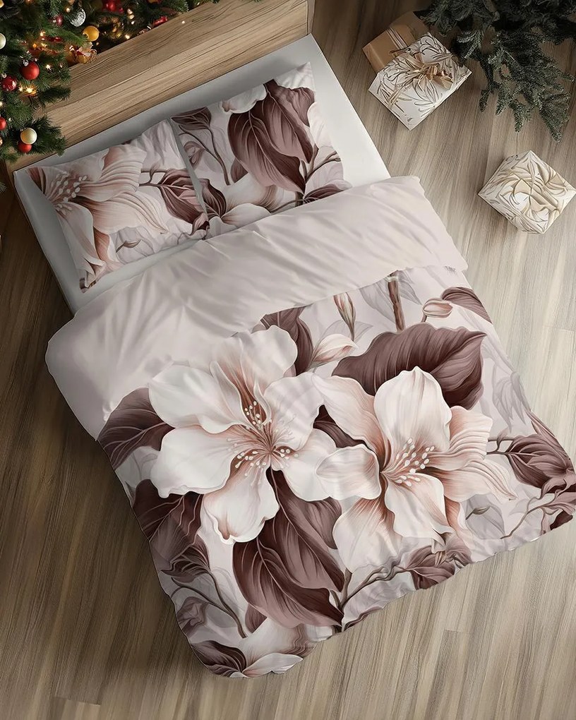 Detexpol Bavlněné povlečení 220x200 béžovo-hnědé s velkými květy – 5831 A – Celoroční sada povlečení Floral Elegance