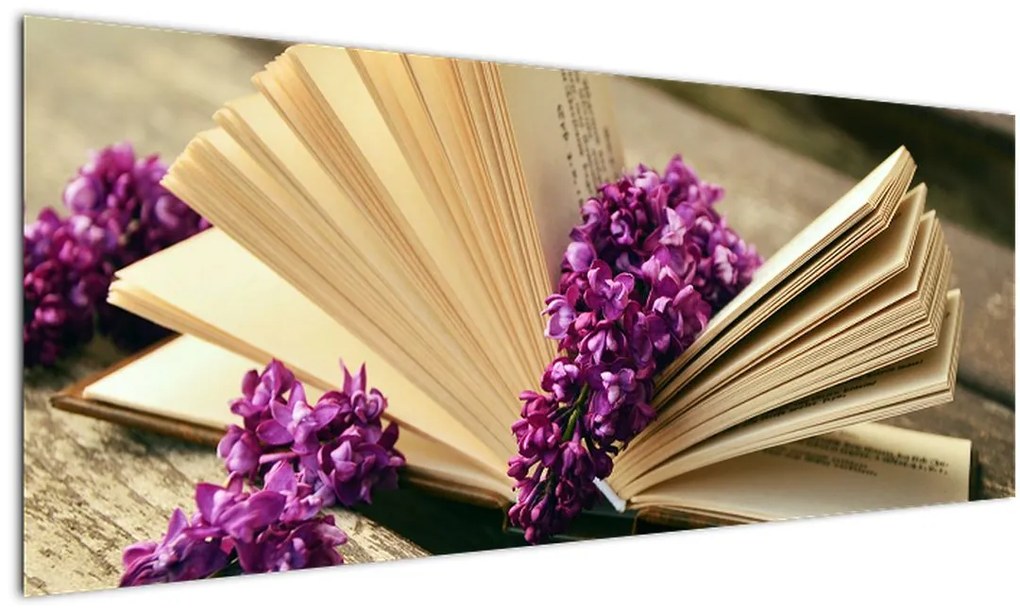 Obbraz knihy a fialové květiny (145x58 cm), 40 dalších rozměrů