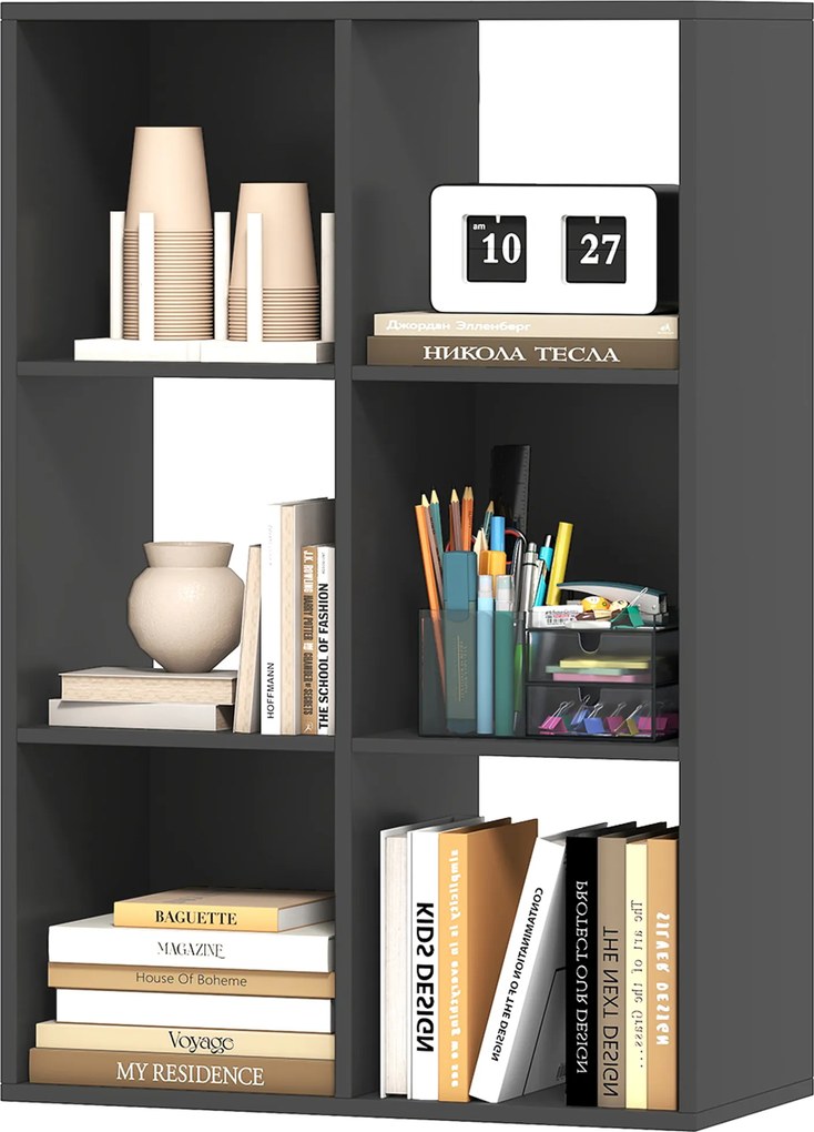 HOMCOM regálový stojan ve tvaru kostky se 6 přihrádkami z dřeva v rustikálním designu, 61,5x29,5x91,5 cm, černá