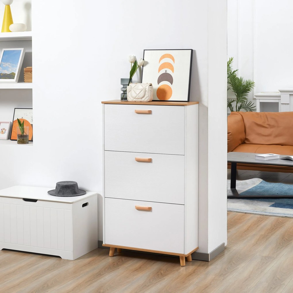 HOMCOM Skandinávský styl botník s 3 sklápěcími dvířky v dřevěném vzhledu - 70 x 23,5 x 122 cm - Bílý