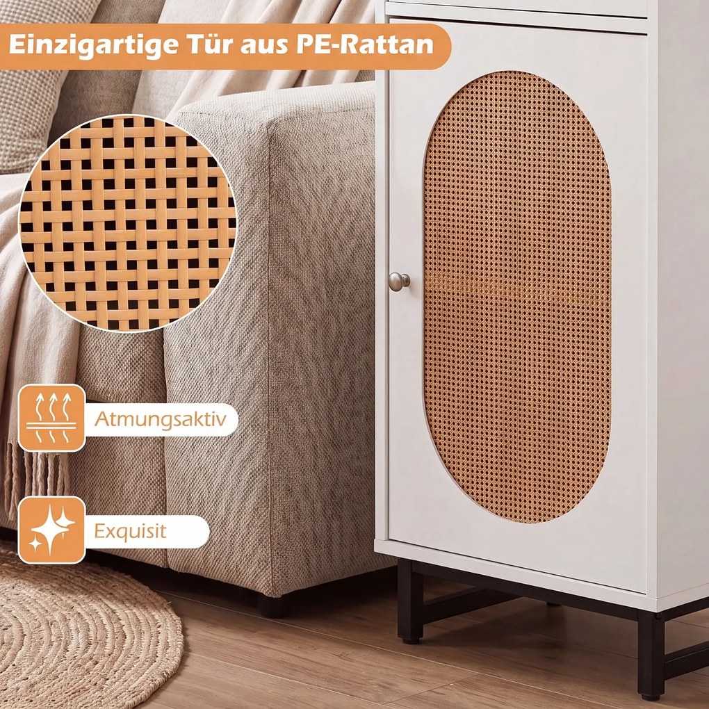 Costway Ratanový noční stolek s dvířky a zásuvkou Boho s – 40 × 30 × 91 cm