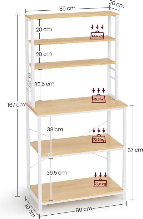 Policový regál do kuchyně 80x40x167 cm, 6 polic, bílý dub