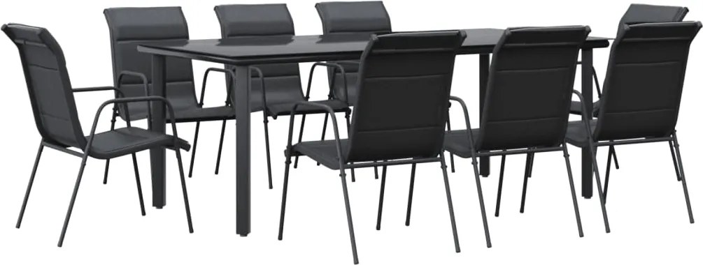 9dílný zahradní jídelní set černý ocel a textilen 3200717
